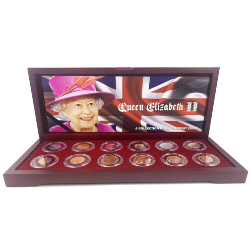 Queen Elizabeth II: A Collection of 12 Portrait Coins (Wooden Box Set)