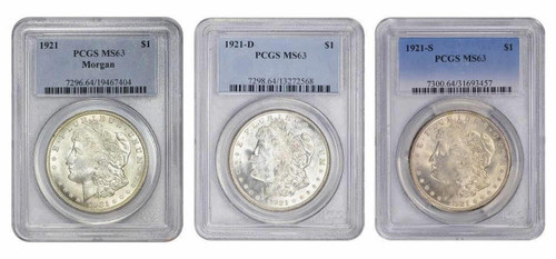 1921-PDS Morgan Silver Dollar PCGS MS63 3pc Set