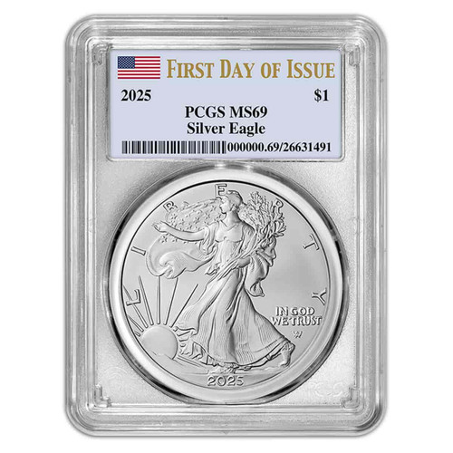2025 American Silver Eagle PCGS MS69 FDI Flag Label For Sale