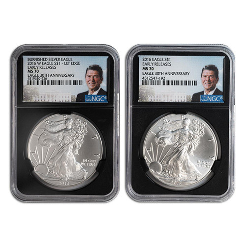 2016 Burnished and Mint State Silver Eagle NGC MS70 - 30th Ann. Reagan ...