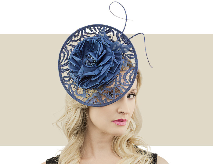 Navy Blue Lace Disc Fascinator Hat with Quill & Flower Detail