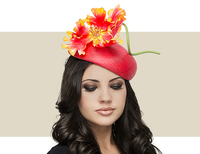 Genoa Red & Orange Beret Cocktail Hat with Red Tulip Trim