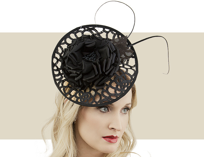 Black Lace Disc Fascinator Hat with Flower & Quill Detail