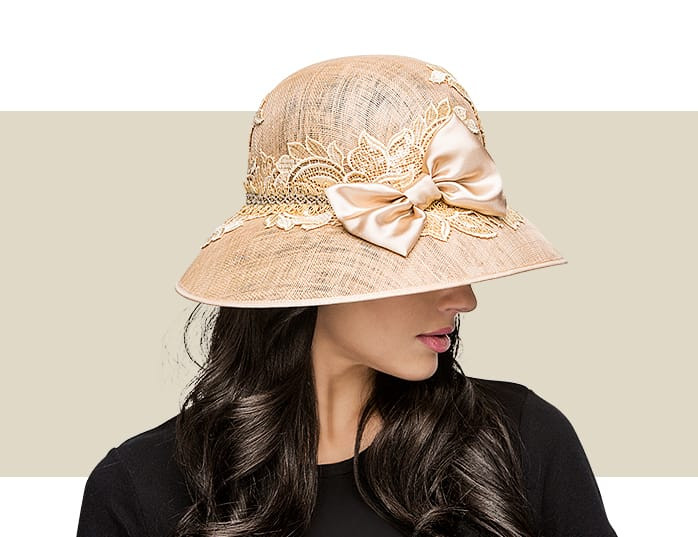 Gold Juliette Sun Hat with Lace Applique Trim & Flower Detail