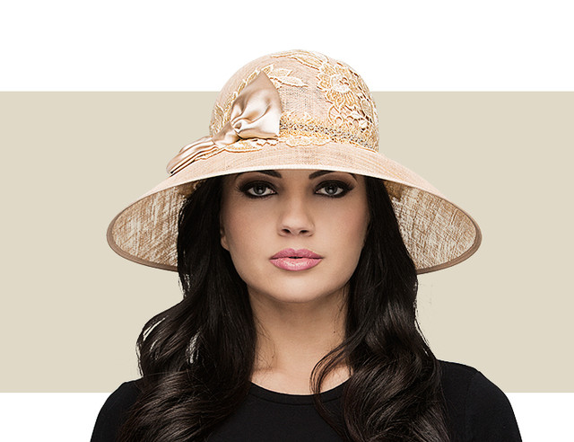 Gold Juliette Sun Hat with Lace Applique Trim & Flower Detail
