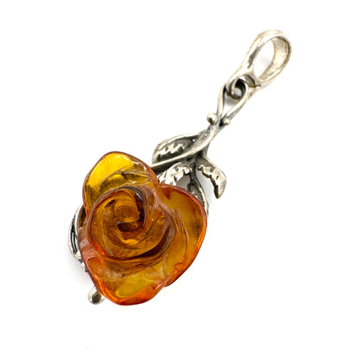 1990s - Y2K Sterling Silver & Amber Rose Pendant Charm