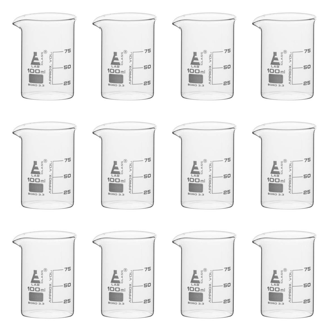 12 pack - 100ml Beakers - Griffin Style, Low Form with Spout - 25ml graduations - Borosilicate 3 ...