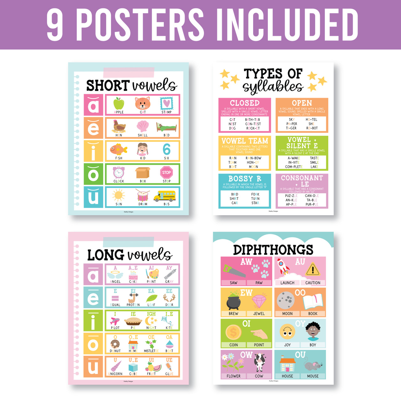 Colorful Sound Wall Phonics & Vowel Posters - English Set of 9