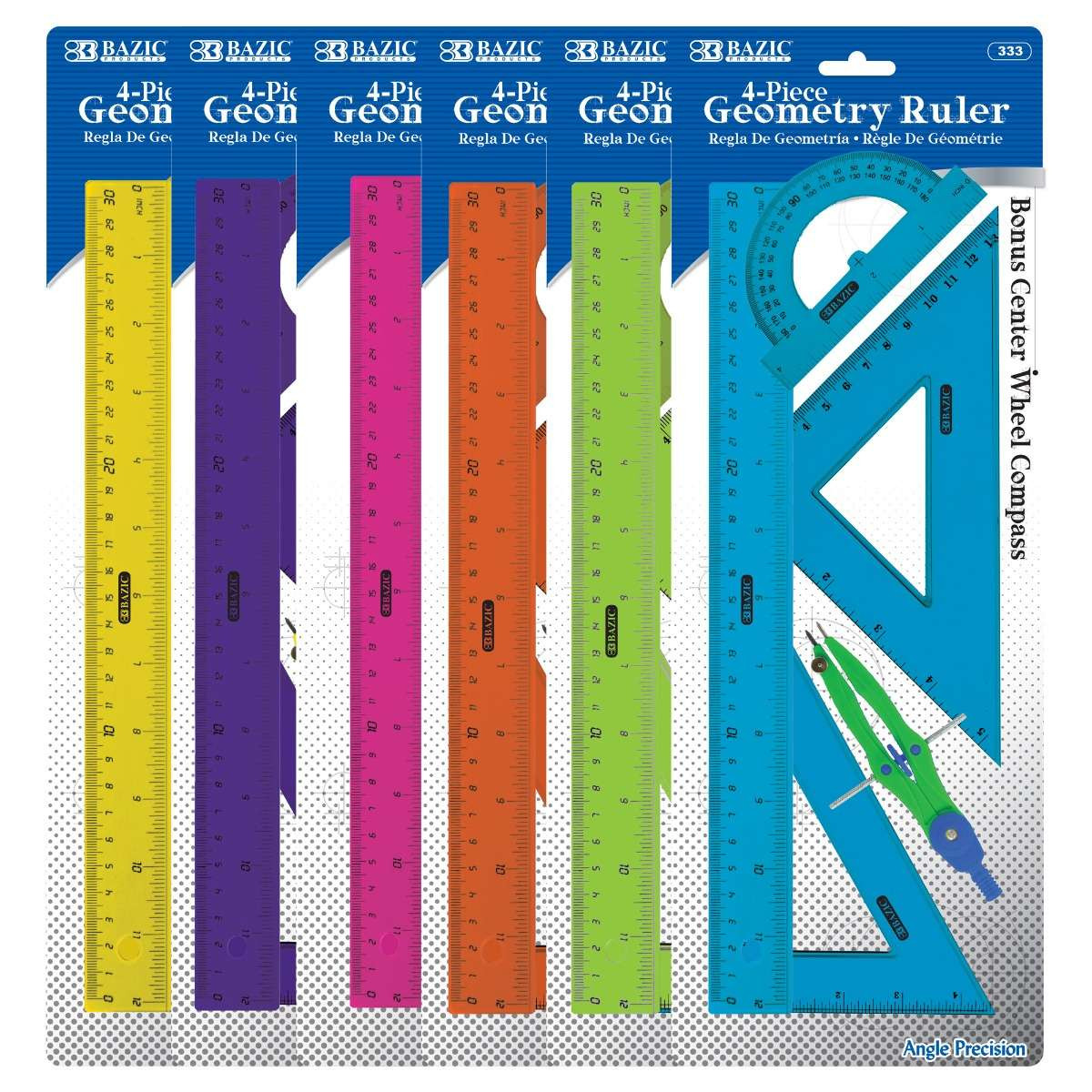 4-Piece Geometry Ruler Combination Sets w/ Compass 24 Packs - 224146 ...