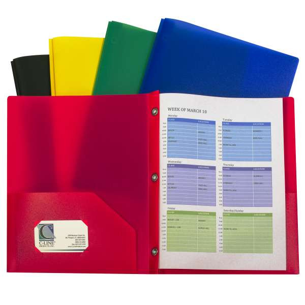Two Pocket Portfolio w/Prongs-Heavyweight Poly-Assorted Primary Colors ...