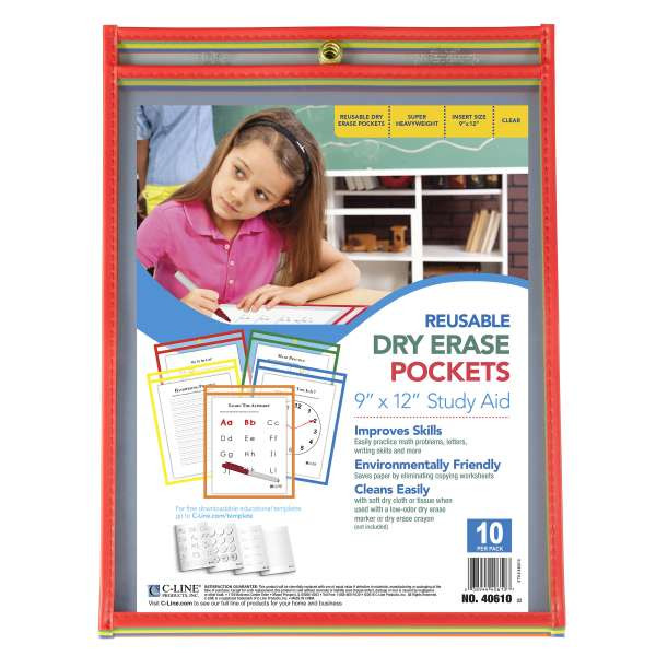 Reusable Dry Erase Pockets, Assorted Primary Colors, 6 x 9, 10/PK ...