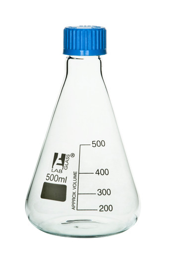 Erlenmeyer Flask, 500ml - Borosilicate Glass - With PTFE Screw Cap ...