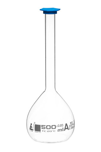 Eisco Labs: 500ml Volumetric Flask - Class A, ASTM - Blue Snap Cap