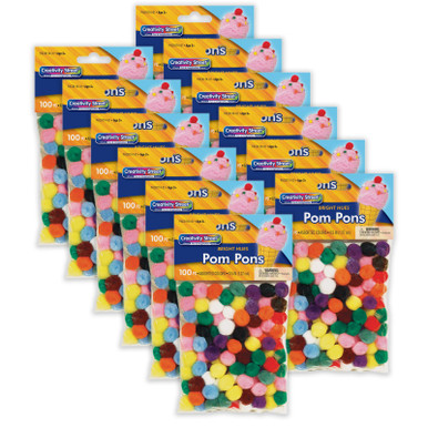Pom Pons, Bright Hues Assortment, 0.5", 100 Pieces Per Pack, 12 Packs