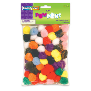 Pom Pons, Bright Hues Assortment, 1", 100 Pieces - Teachchildren.com