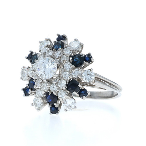 White Gold Diamond Sapphire Vintage Snowflake Cluster Cocktail Ring 18k ...
