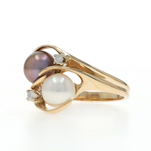 Maui Divers Pearl Diamond Ring - Yellow Gold 14k Two-Stone Bypass ...