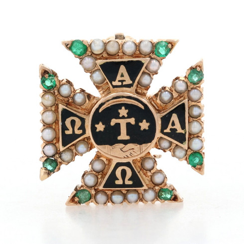 Alpha Tau Omega Fraternity Badge 14k Yellow Gold Emeralds Antique ATO ...