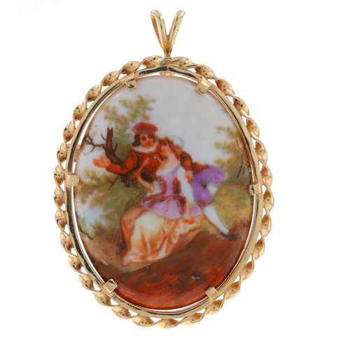 Yellow Gold Painted Porcelain Brooch/Pendant - 14k Pastoral Romantic ...