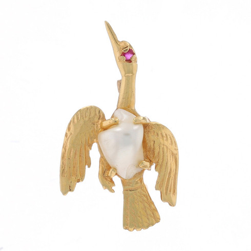 Yellow Gold Cultured Pearl & Ruby Flying Goose Brooch - 14k Baroque ...
