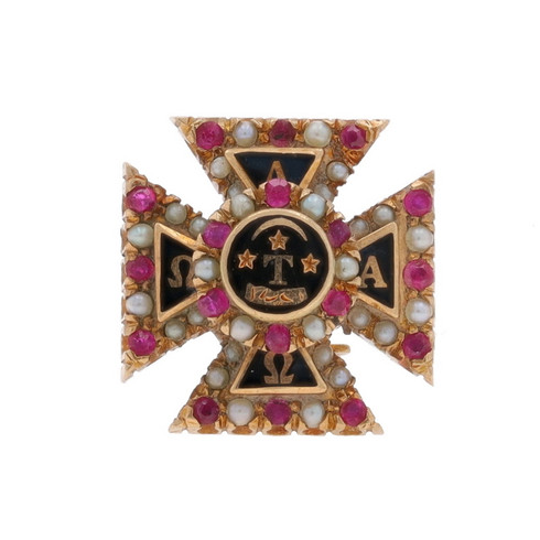 Yellow Gold Alpha Tau Omega Antique Badge 14k Ruby Pearl 1900s-10s ...