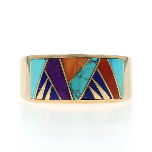 Native American Calvin Begay Navajo Turq Coral Lapis Band - Yellow Gold ...
