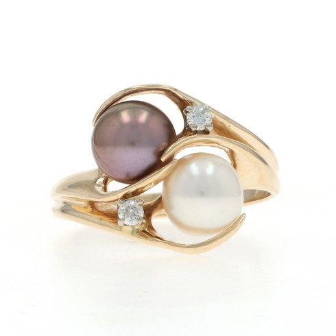 Maui Divers Pearl Diamond Ring - Yellow Gold 14k Two-Stone Bypass ...