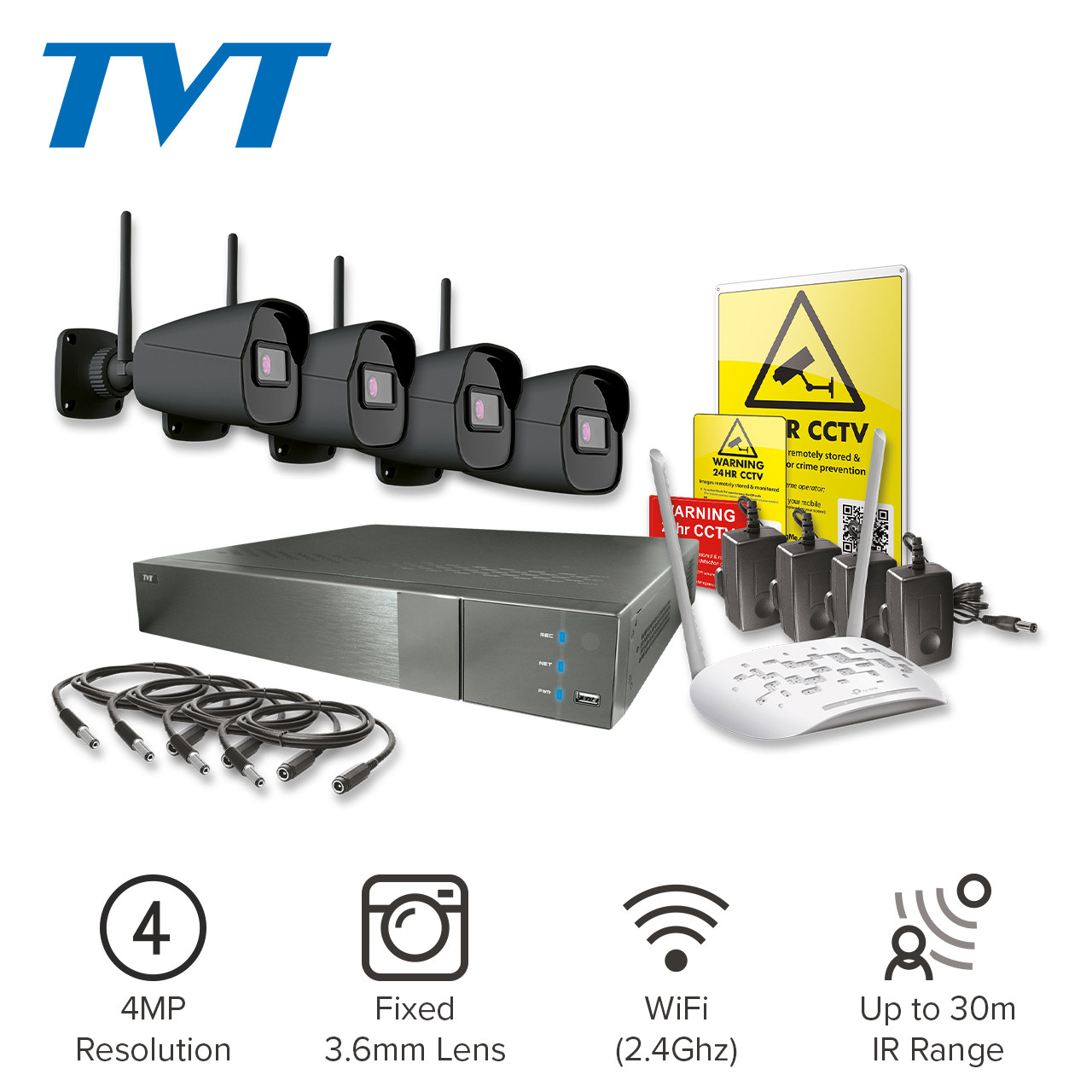 Easy Fit WiFi Kit - TVT 8CH NVR 4 WiFi Cams + Access Point - System Q Ltd