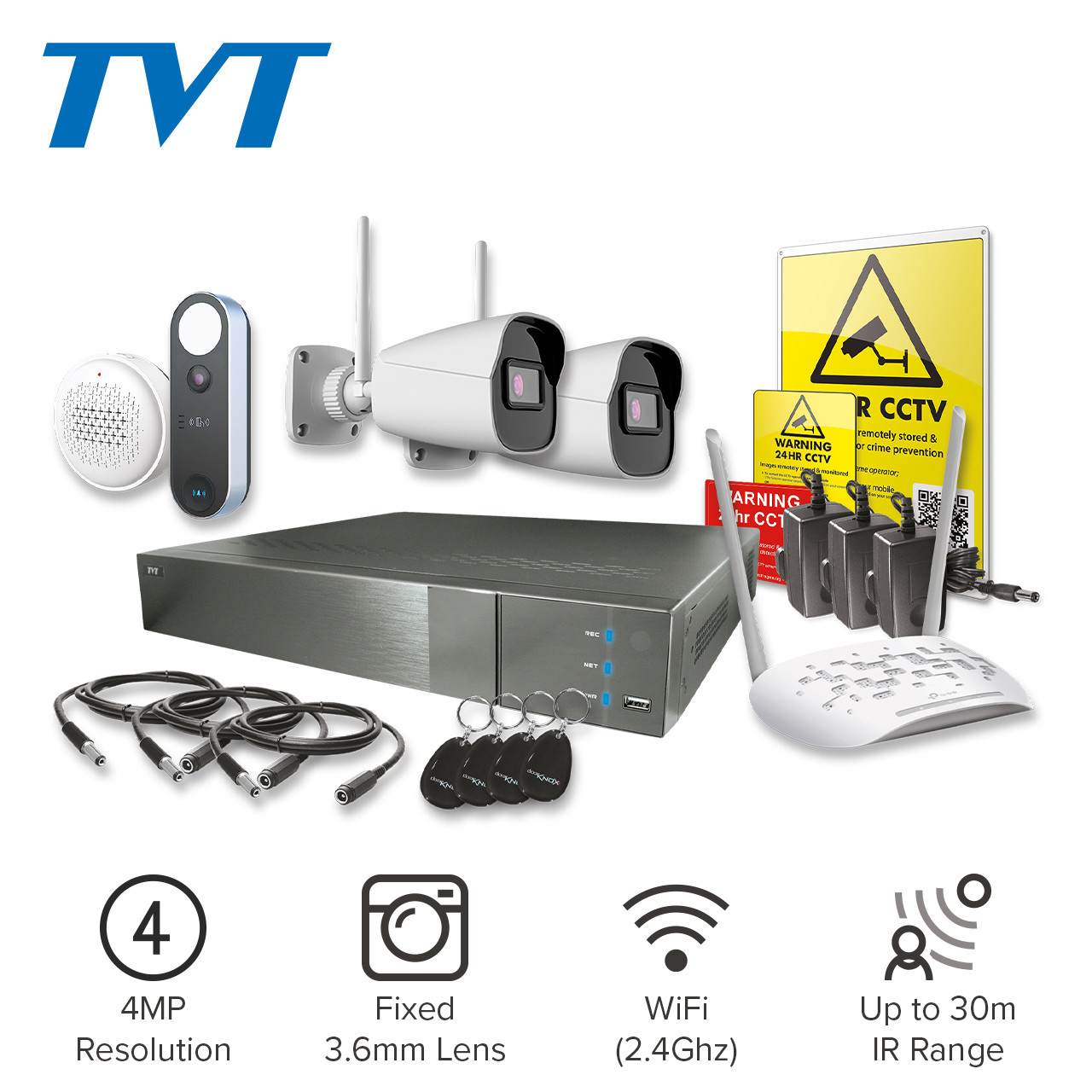 Easy Fit WiFi Kit TVT 4CH NVR 2 WiFi Cams, Access Point + Doorbell ...