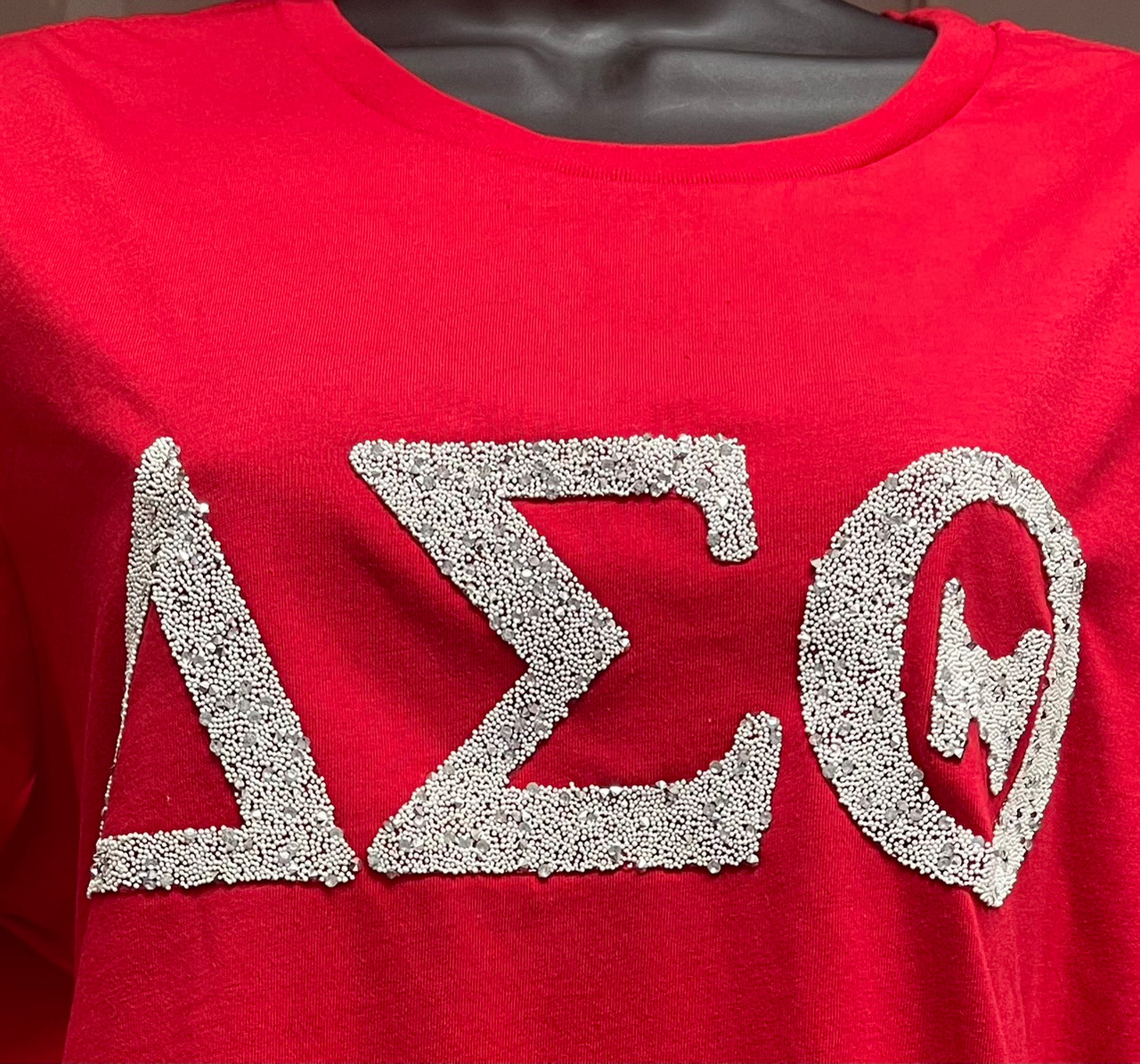 Red T Shirt Delta Sigma Theta Symbols Textured Beads And Rhinestones T Shirt White