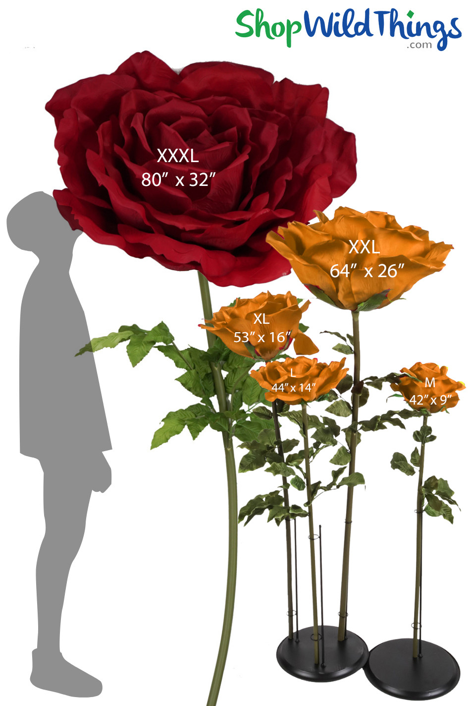 Red Life-Sized Giant Silk Roses with Removable Stem