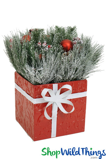 Red Holiday Gift Box with Pine and Cranberries 14" Tall | ShopWildThings