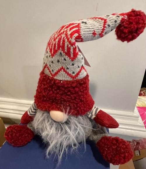 Stuffed Sitting Nisse - Gray Hat - Red and gray sleeves - Nordisk Import