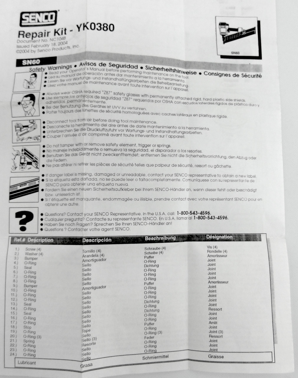 Senco YK0380 Repair Kit-SN60 SN60J Nailer-Genuine-In Stock