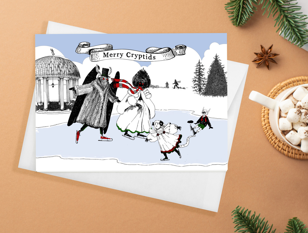 Merry Cryptids Ice Skating Holiday Notecards Pack Of 8 Echo Lit