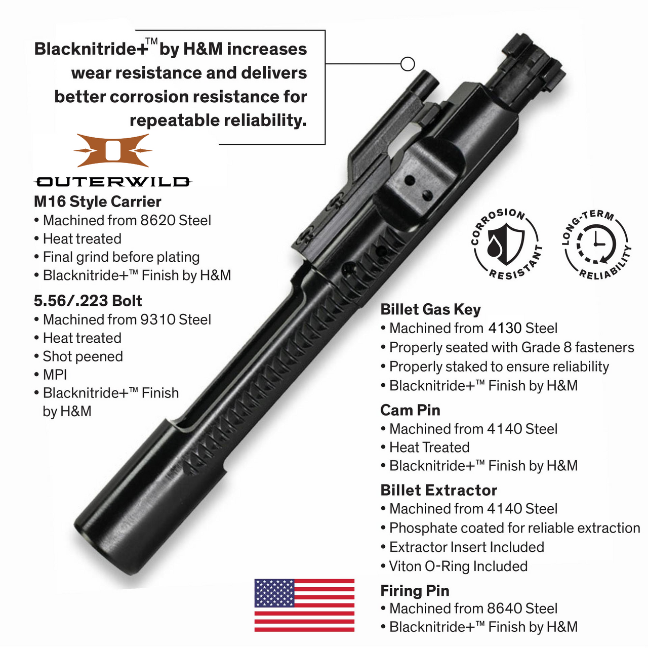 M16 Bolt Carrier Group - Billet Extractor, 5.56, Nitride