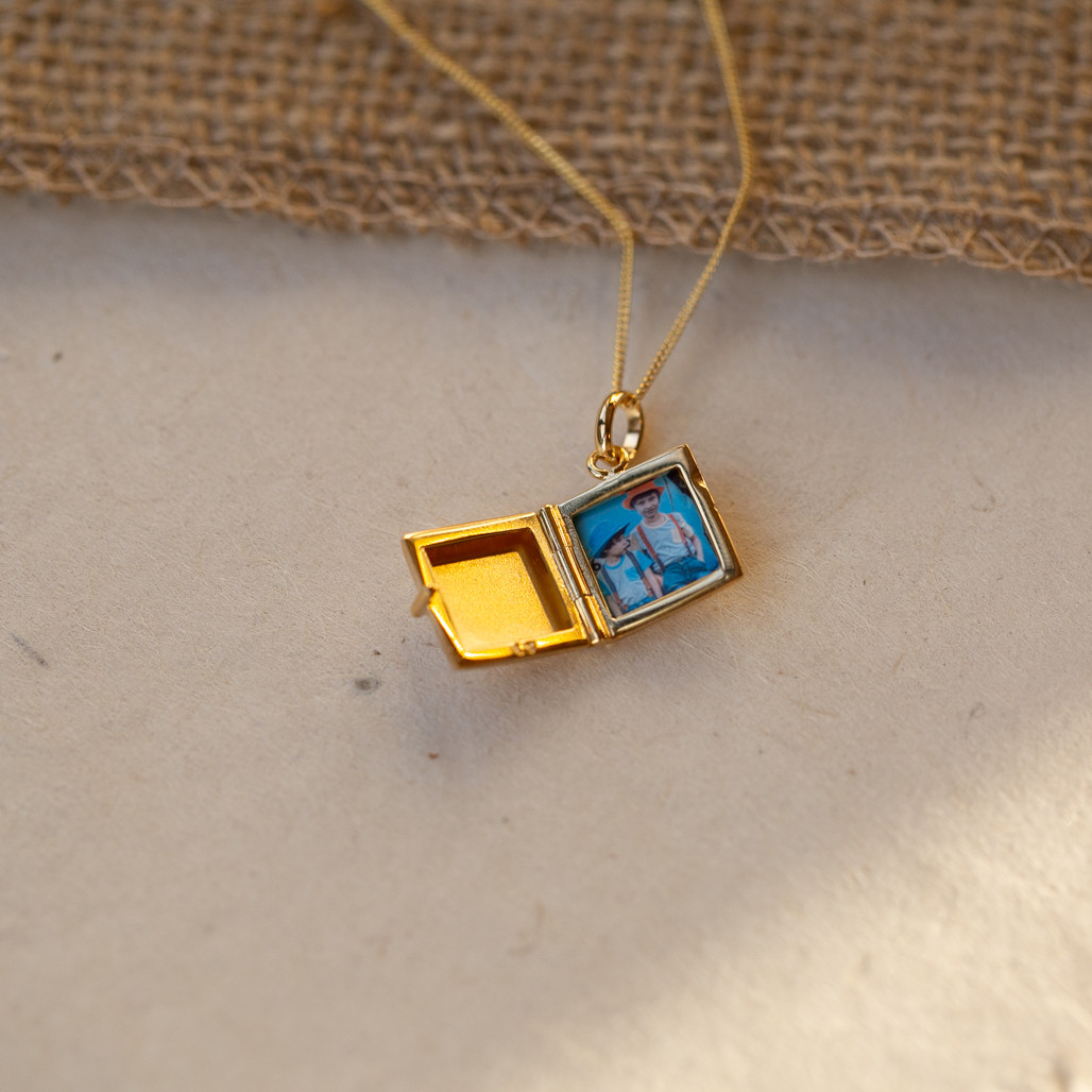 Gold Square Locket Necklace with permanent secret picture inside ...