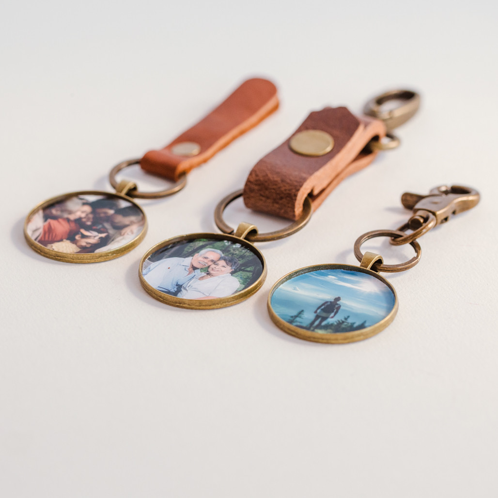 Leather Keychain Keepsake with Custom Picture Placement in Bronze Bezel ...