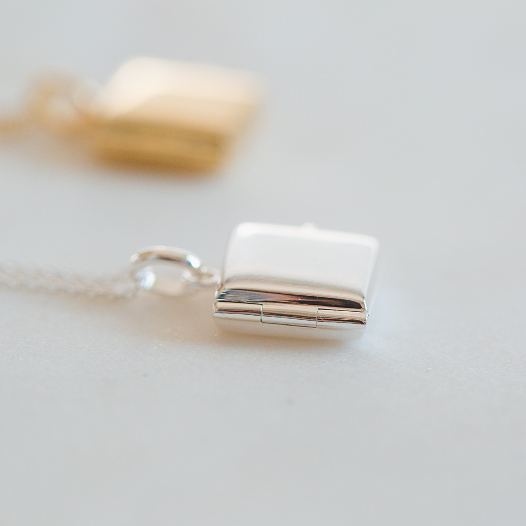 Modern Square Silver Locket Necklace with hidden permanent pictures ...