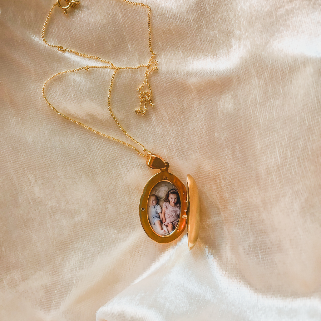 Gold Oval Locket with Photo of Two Children Inside - Locket Sisters