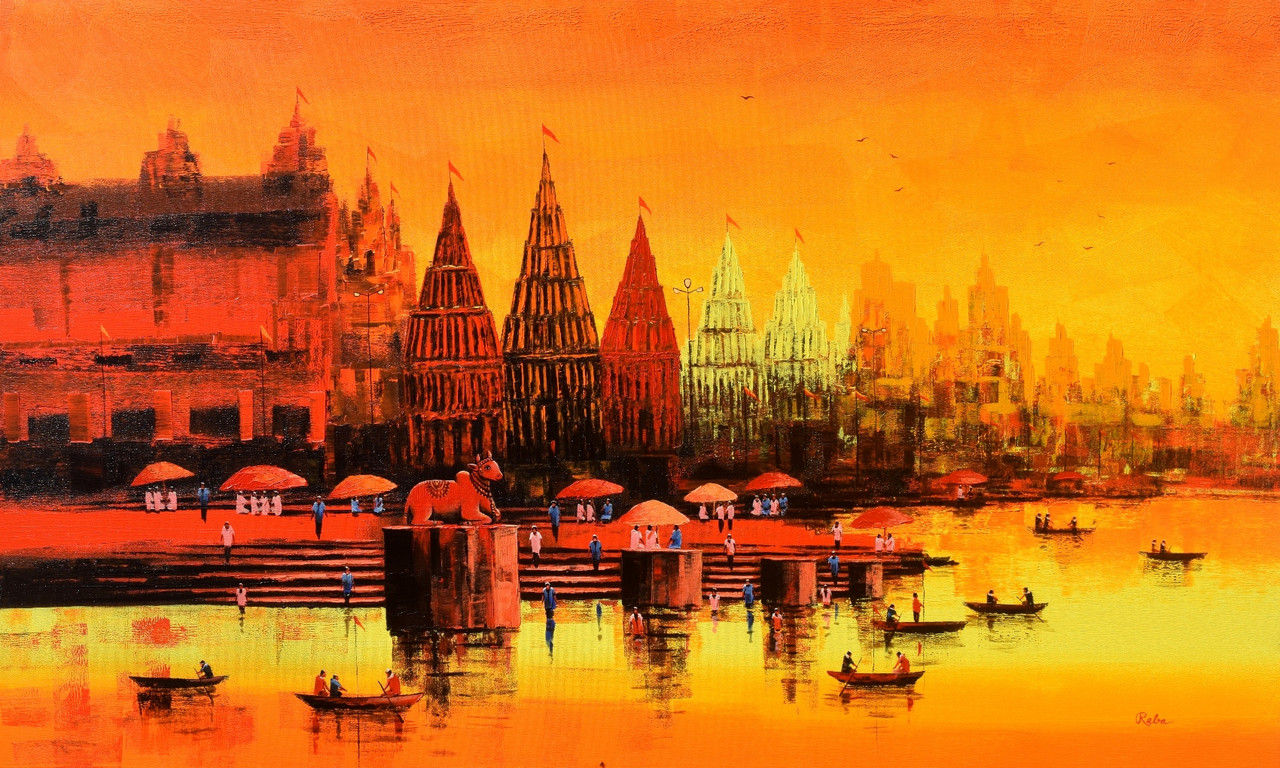Buy Banaras Ghat Handmade Painting by REBA MANDAL. Code:ART_7775_62478 ...