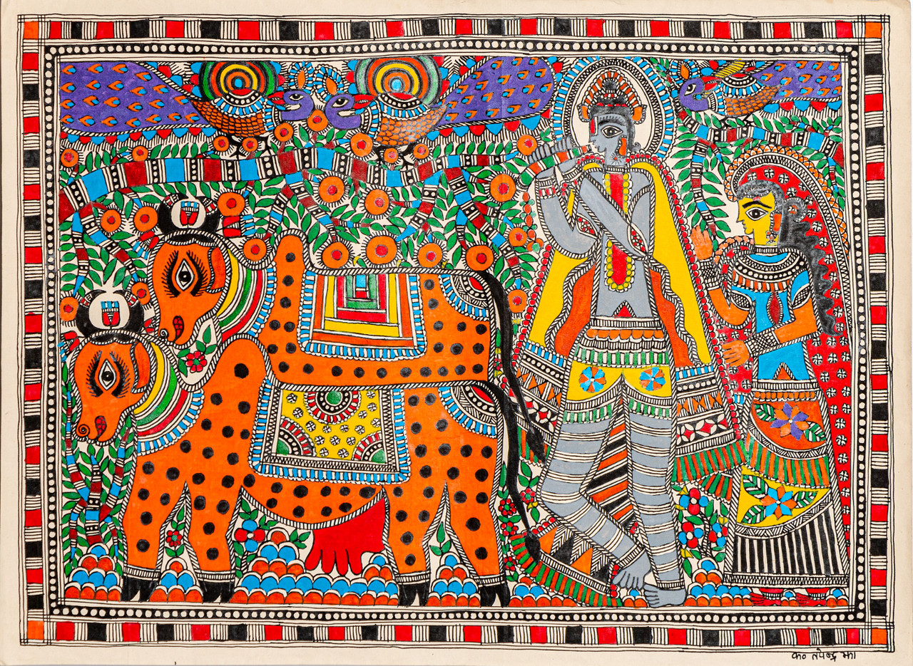 Buy Madhubani Krishna With Cow Handmade Painting by COMMUNITY ARTISTS ...