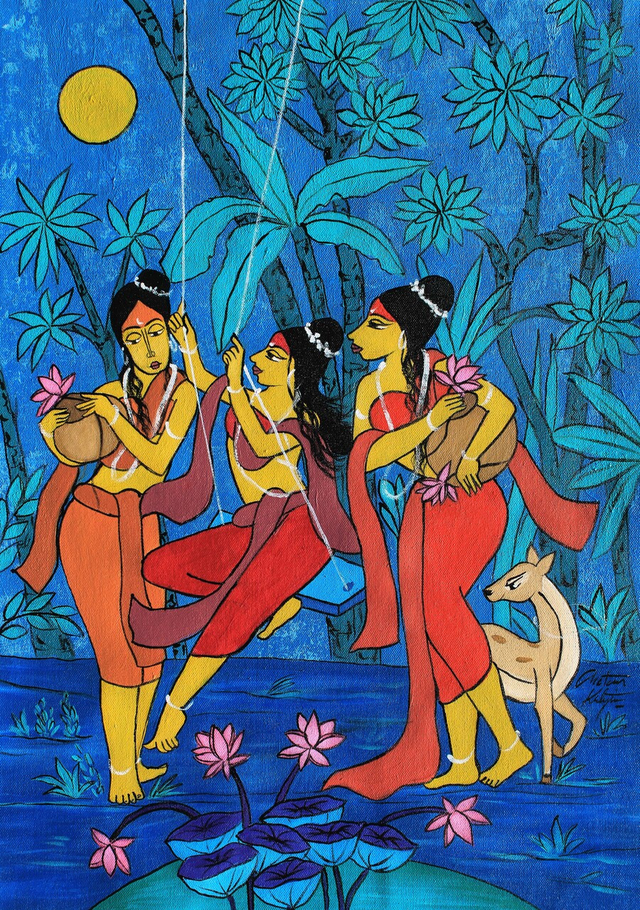 Buy Three mates Handmade Painting by CHETAN KATIGAR. Code:ART_3324 ...