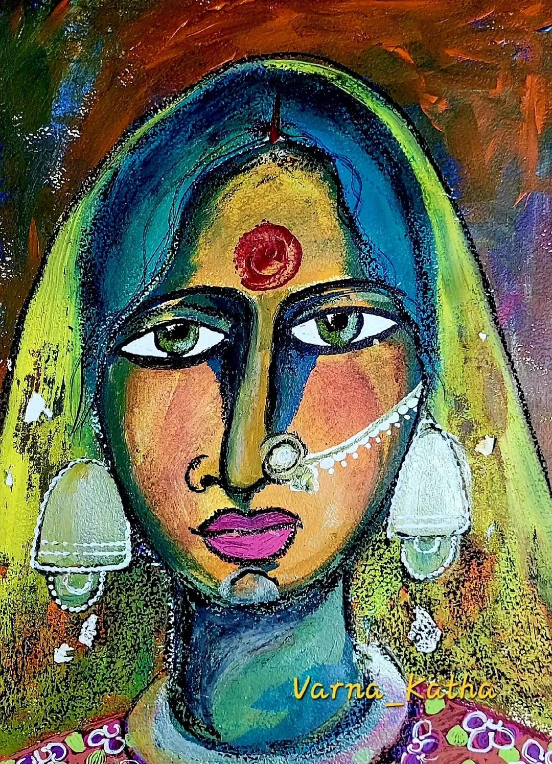 Oil On Canvas Portrait Of Indian Woman In Traditional Indian Dancing