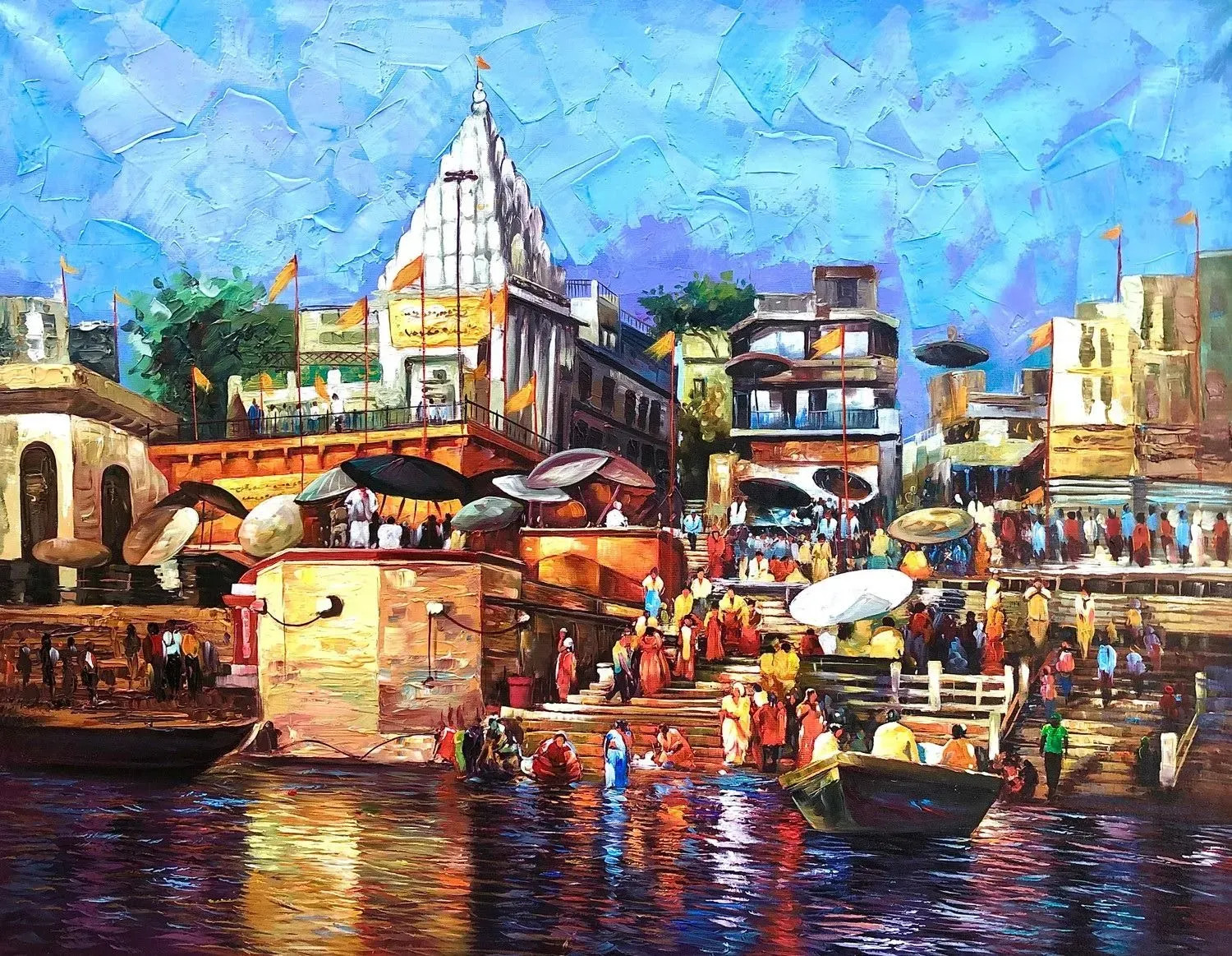Buy Banaras Ghat Painting - Impressionist, Vibrant, Cultural Painting ...