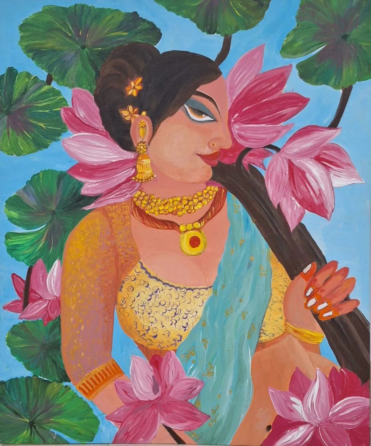 Buy Lotus Pond And Damsel - Traditional, Figurative, Vibrant Painting ...