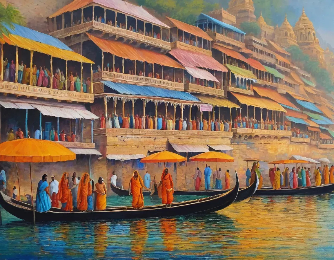 Buy Banaras Ghat Painting - Colorful Realism Painting Online | Fizdi