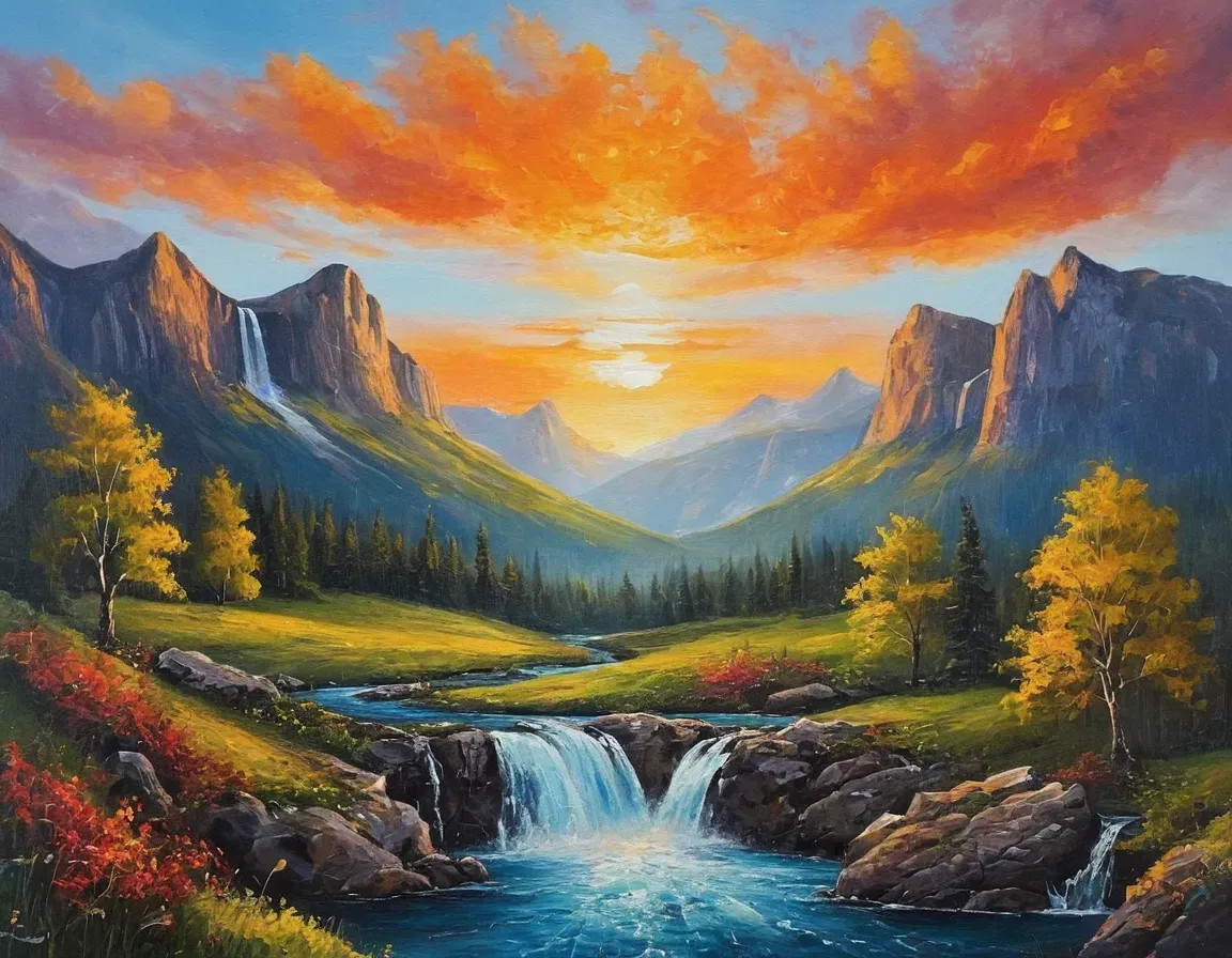 Buy Nature Scenry Landscape Painting Of Mountains Waterfall In Sunset ...