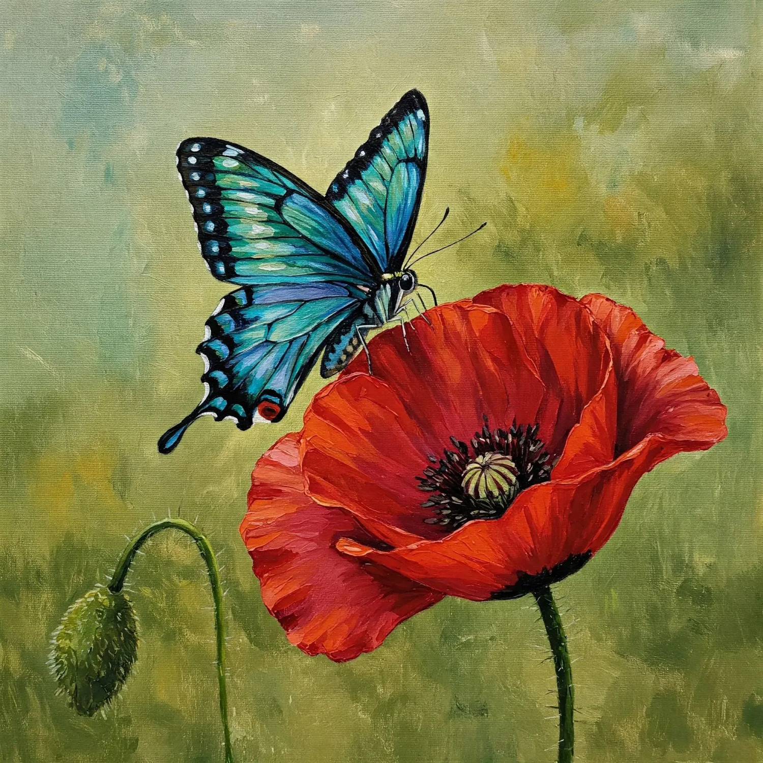 Buy Butterfly With Poppy Flower - Nature-inspired Realism Painting ...