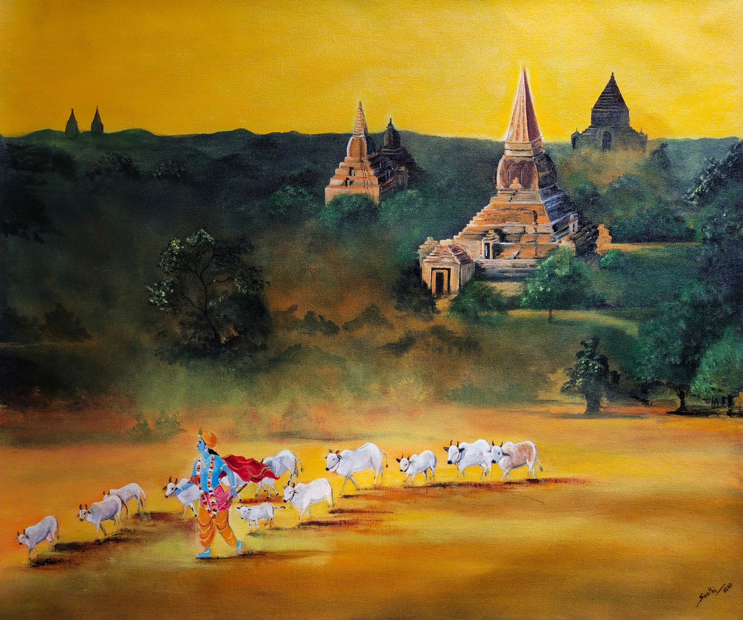 Buy Krishna In Gokul - Spiritual, Traditional, Pastoral Painting Online ...